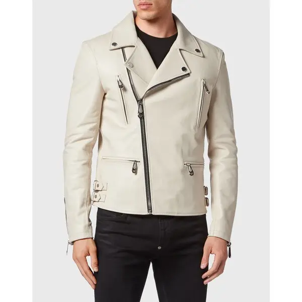 Philipp Plein Leather Jacket Gothic Plein - Beige