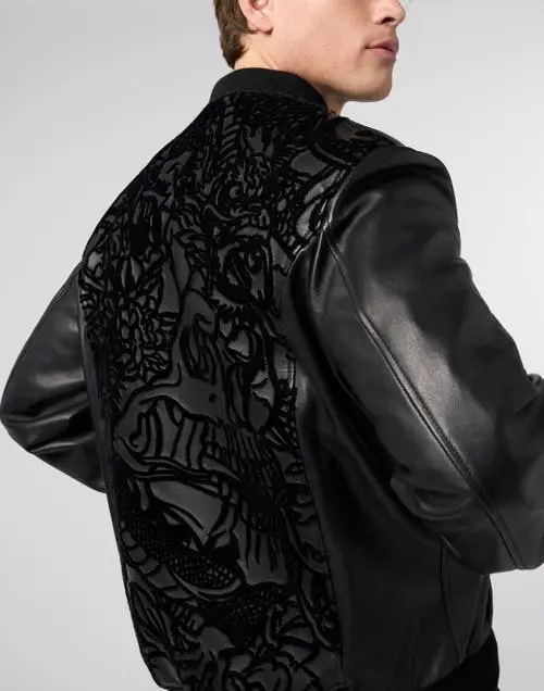 Philipp Plein Leather Bomber Dragon Skull