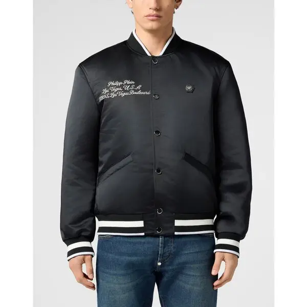 Philipp Plein Shiny Satin Varsity Bomber Signature Las Vegas - Black