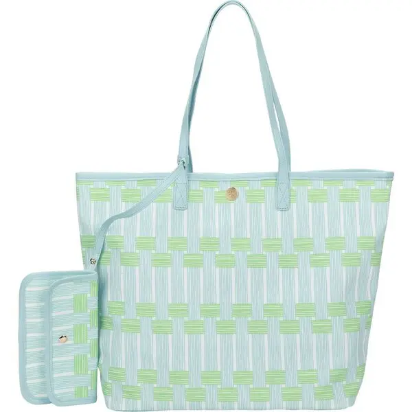 PACKED PARTY Blue Lattice Oversized Tote Bag With Detachable Wristlet Pouchcoated Canvas With Leatherette Straps - Multicolor