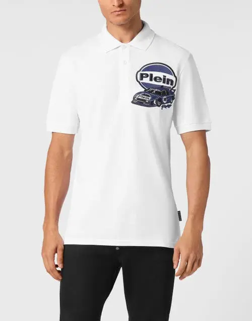 Philipp Plein Pique Polo Shirt Ss Slim Fit Cars Racing - White