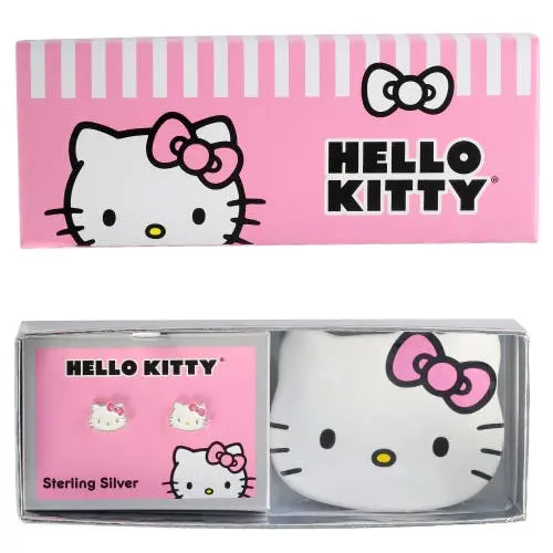 HELLO KITTY 925 Sterling Silver Enamel Stud Earrings & Mini Trinket Tray