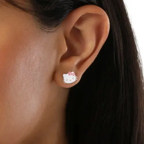HELLO KITTY 925 Sterling Silver Enamel Stud Earrings & Mini Trinket Tray