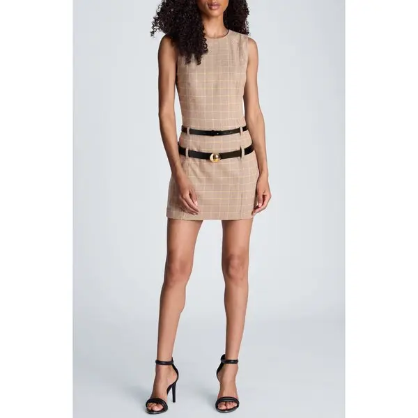 KENNETH COLE COLLECTION Check Print Sleeveless Double Belted Minidress - Maple Multi