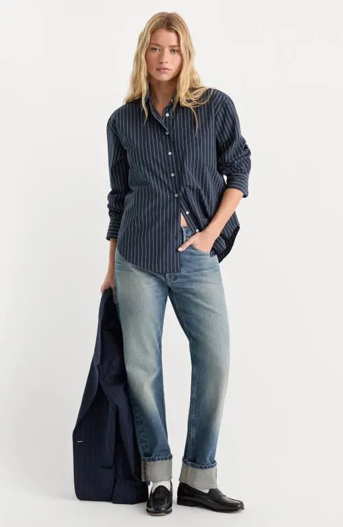 Good American Poplin Easy Striped Cotton Shirt - Navy Stripe