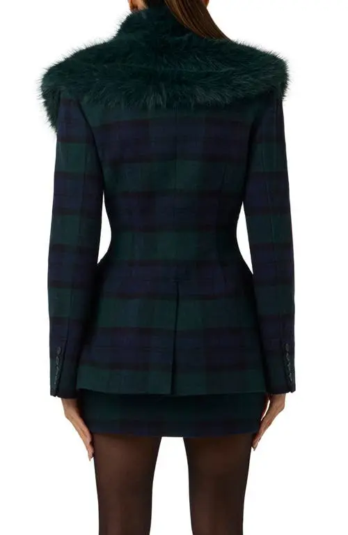 Naked Wardrobe Plaid Faux Fur Collar Wool Blend Blazer