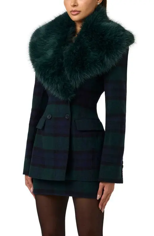 Naked Wardrobe Plaid Faux Fur Collar Wool Blend Blazer