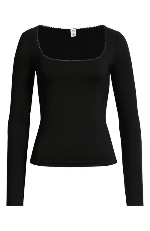 Bp. Lace Trim Square Neck Long Sleeve Top - Black