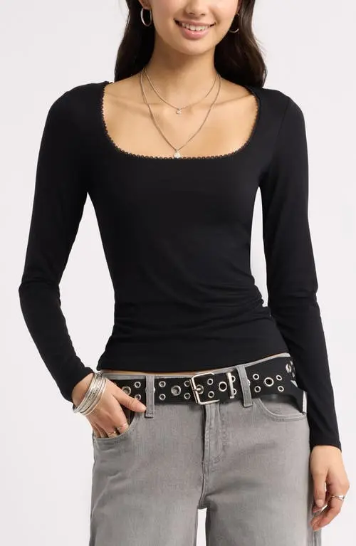 Bp. Lace Trim Square Neck Long Sleeve Top - Black