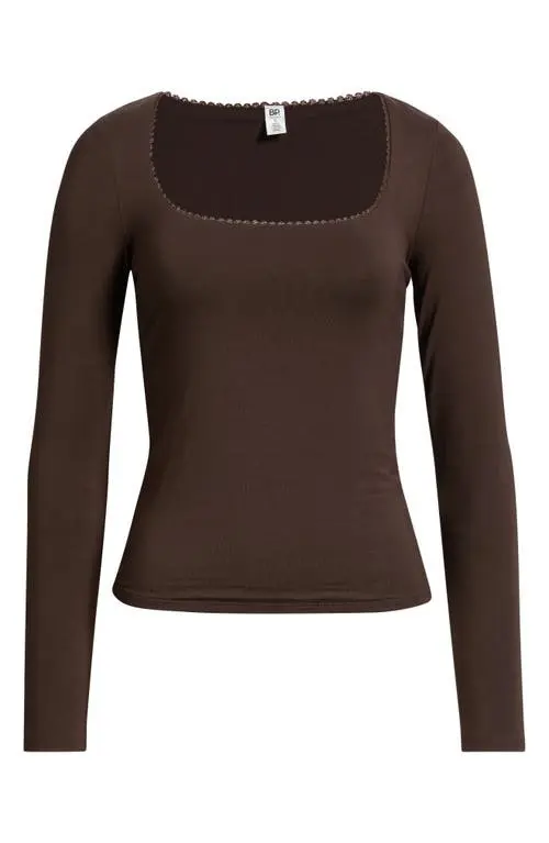 Bp. Lace Trim Square Neck Long Sleeve Top - Brown Coffee