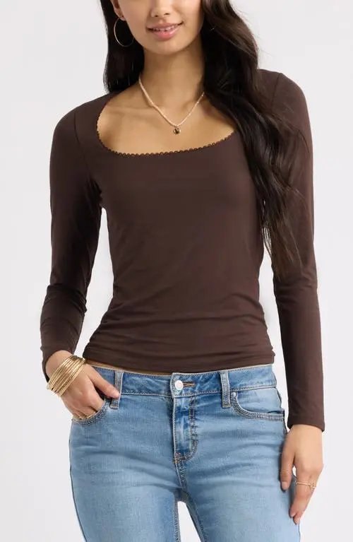 Bp. Lace Trim Square Neck Long Sleeve Top - Brown Coffee