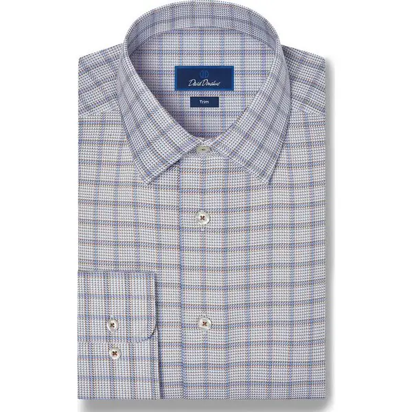 David Donahue Trim Fit Textured Windowpane Shirt - Chocolate/blue