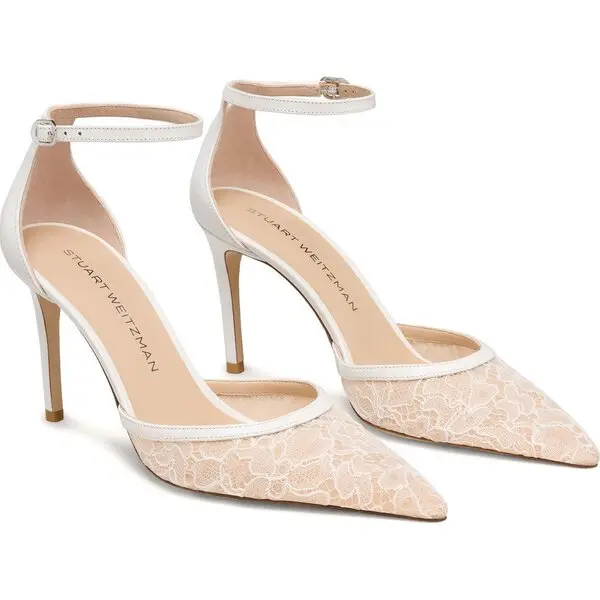 STUART WEITZMAN Powerstrap Leather & Lace Pointed Toe Pump