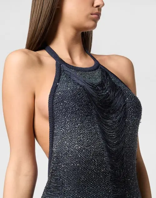 Philipp Plein Paillettes Mini Dress Multicutting - Blue/white