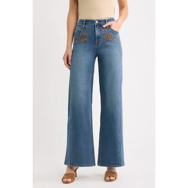 CITY BLUES Stud Embroidered Wide Leg Jeans
