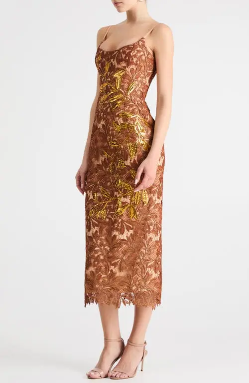 HELSI Sequin Lace Overlay Cocktail Midi Dress