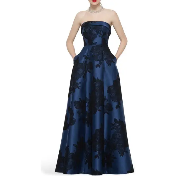 Alfred Sung Sara Floral Lace Strapless Satin Gown - Soft Navy/black