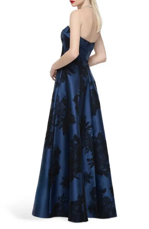 Alfred Sung Sara Floral Lace Strapless Satin Gown