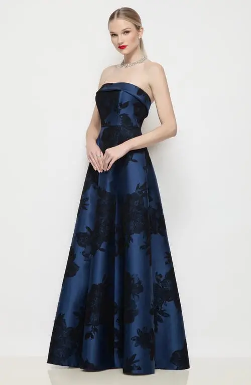 Alfred Sung Sara Floral Lace Strapless Satin Gown