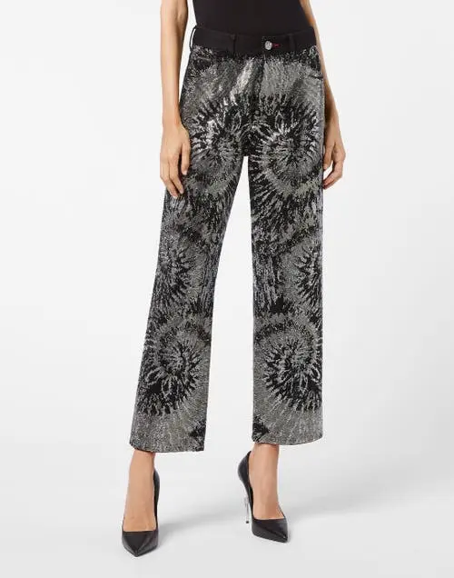 Philipp Plein Denim High Rise Fit Black+white Stones Tiedye Tie Dye - Black/white