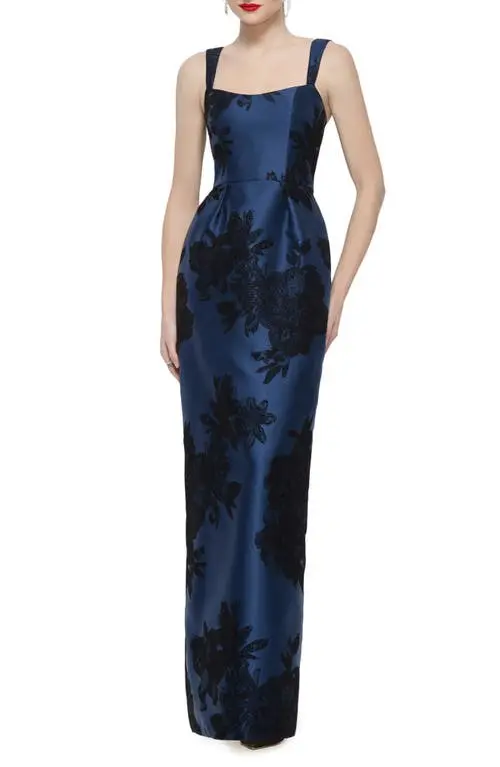 Alfred Sung Linden Floral Lace Matte Satin Gown - Soft Navy/black