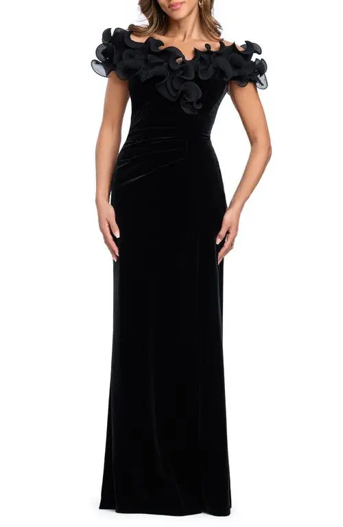XSCAPE EVENINGS Ruffle Neck Off The Shoulder Velvet Gown - Black