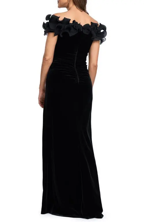 XSCAPE EVENINGS Ruffle Neck Off The Shoulder Velvet Gown