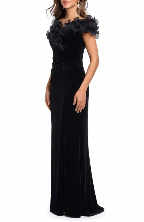 XSCAPE EVENINGS Ruffle Neck Off The Shoulder Velvet Gown