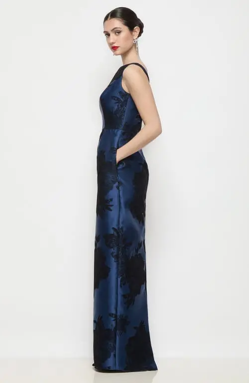 Alfred Sung Lisette Floral Embroidered Sleeveless Satin Gown
