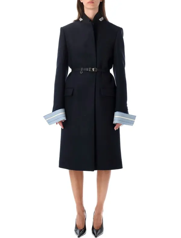 Prada Double-weave Wool Single-breasted Tailored Jacket With Jeweled Stand Collar & Leather Belt - Blue