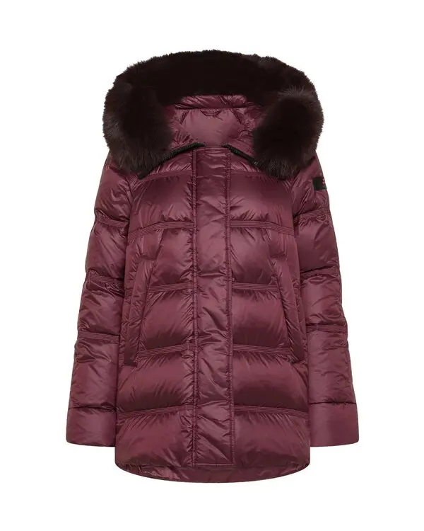 Peuterey Hooded Down Puffer Coat With Fur Trim - Rosso Prugna