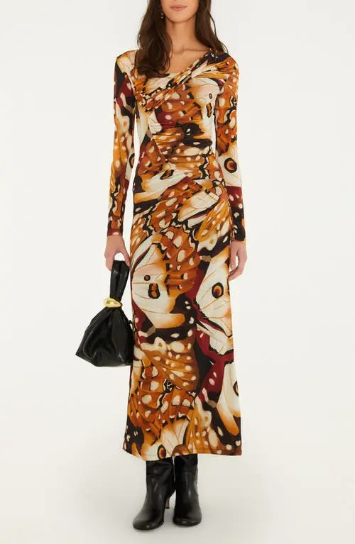 Farm Rio Borbofly Asymmetric Neck Long Sleeve Maxi Dress
