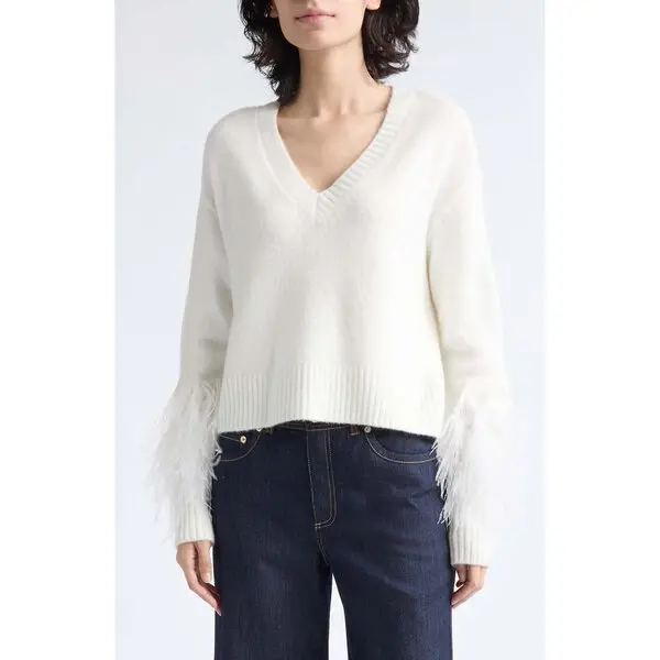 Cinq À Sept Brianne Ostrich Feather Cuff V-neck Sweater
