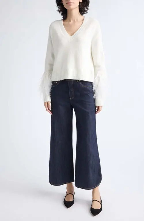Cinq À Sept Brianne Ostrich Feather Cuff V-neck Sweater