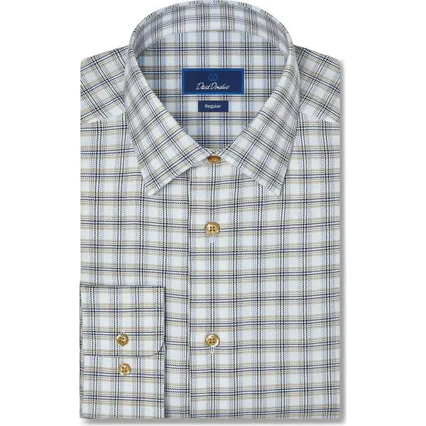 David Donahue Regular Fit Dobby Check Dress Shirt - Dune/blue