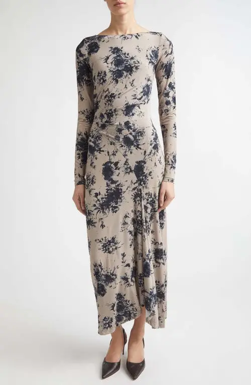 Lela Rose Floral Printed Draped Jersey Midi Dress - Clay
