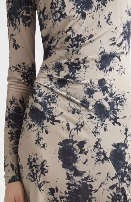 Lela Rose Floral Printed Draped Jersey Midi Dress