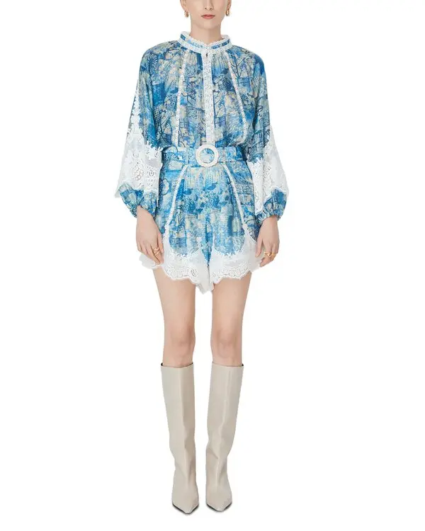 JOVONNA LONDON Long Sleeve Printed Lace Trim Blouse