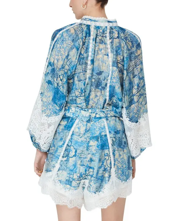 JOVONNA LONDON Long Sleeve Printed Lace Trim Blouse