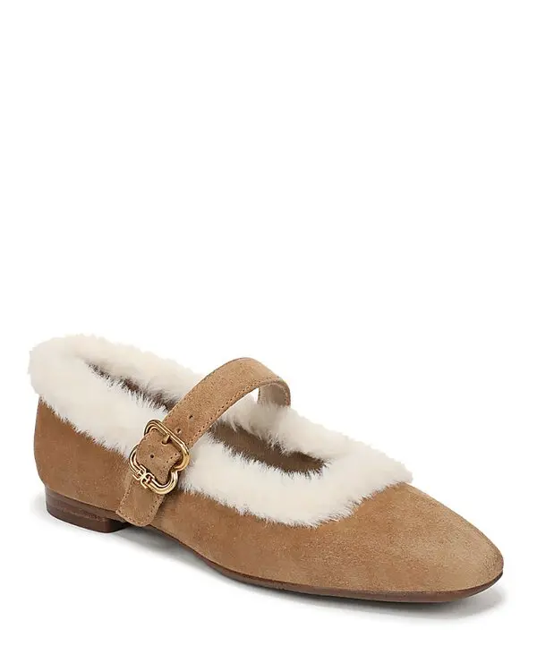 Sam Edelman Michaela Faux Fur Trim Mary Jane Flats - Bamboo Brown