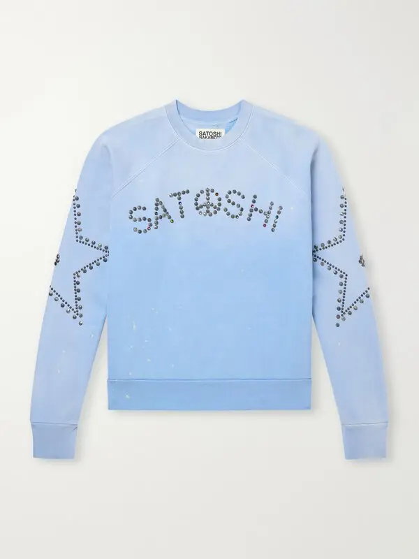 SATOSHI NAKAMOTO Star Stud-embellished Paint-splattered Cotton-jersey Sweater - Blue