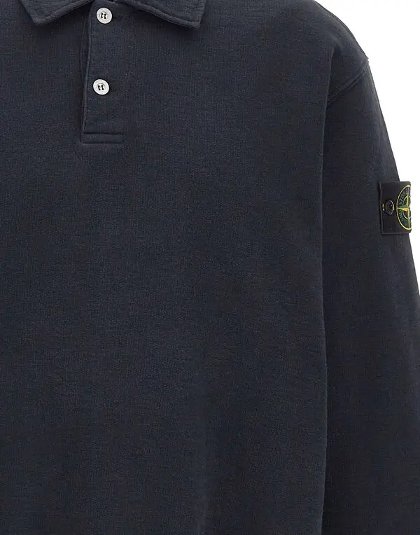 Stone Island Logo Patch Long-sleeved Polo Shirt - Navy Blue