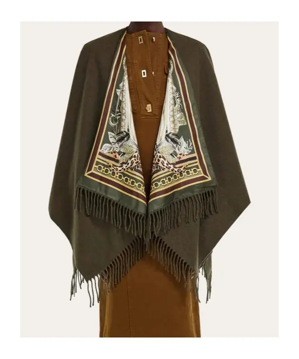 FERRAGAMO Feline Print Cashmere And Silk Reversible Cape - Olive Green