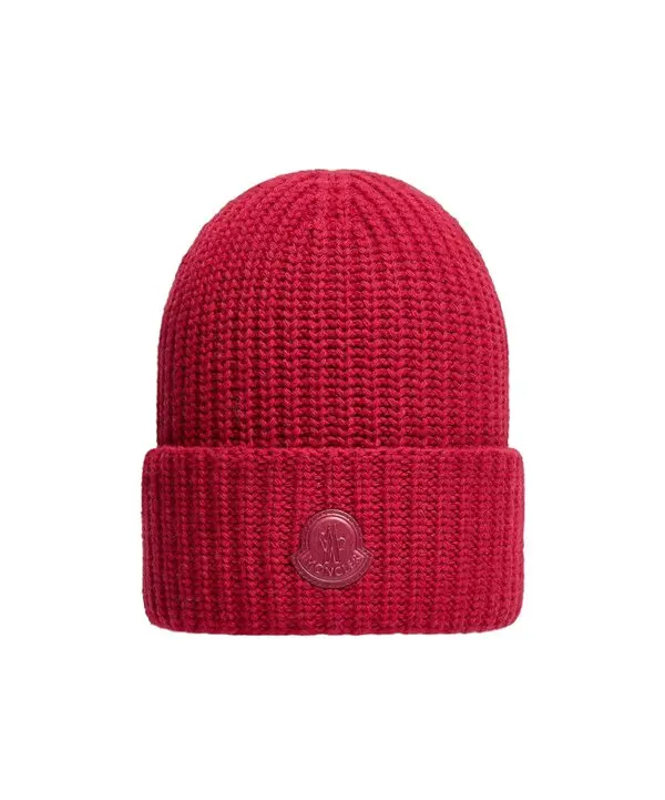Moncler Logo Patch Knitted Beanie - Red
