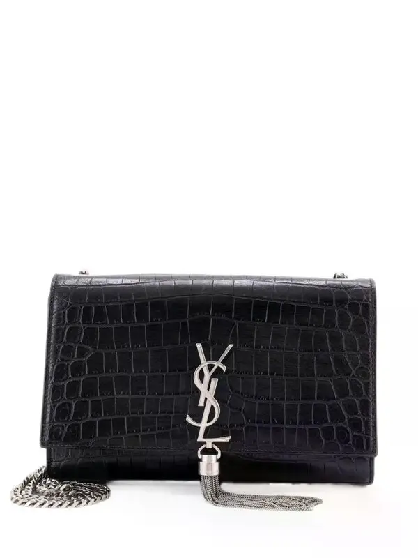 Saint Laurent Classic Monogram Tassel Crocodile Embossed Leather Medium Crossbody Bag - Black