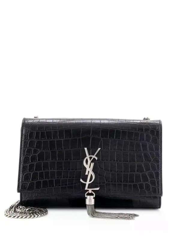 Saint Laurent Classic Monogram Tassel Crocodile Embossed Leather Medium Crossbody Bag - Black