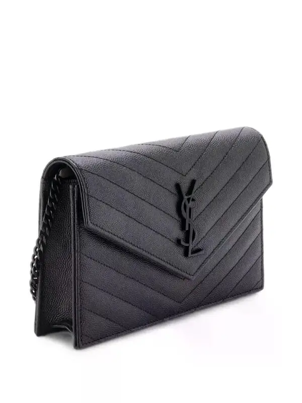 Saint Laurent Classic Monogram Wallet On Chain Matelasse Chevron Leather Small Crossbody Bag - Black