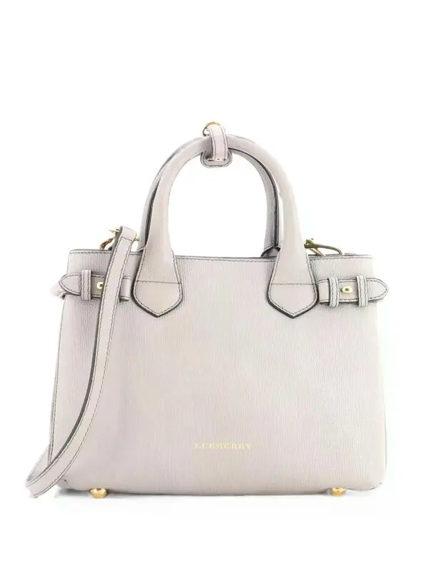 Burberry Banner Leather And House Check Canvas Small Tote Bag - Grey
