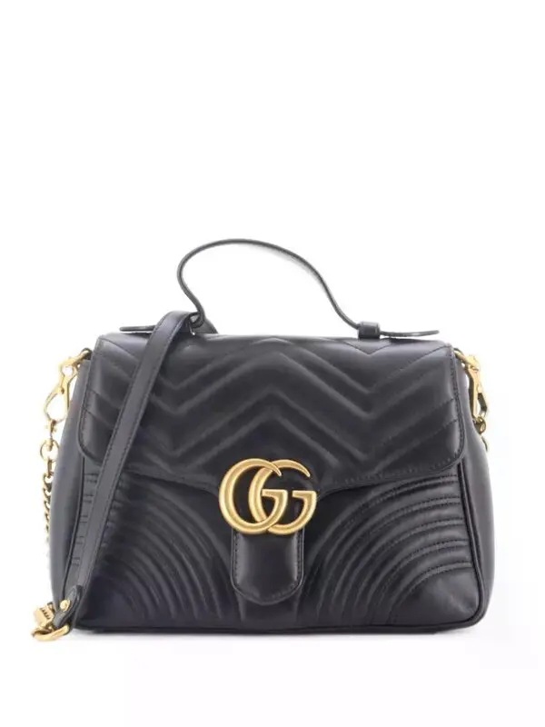Gucci Gg Marmont Top Handle Flap Bag Matelasse Leather Small Satchel - Black