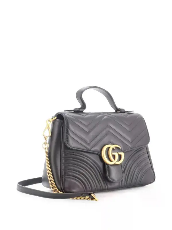 Gucci Gg Marmont Top Handle Flap Bag Matelasse Leather Small Satchel - Black